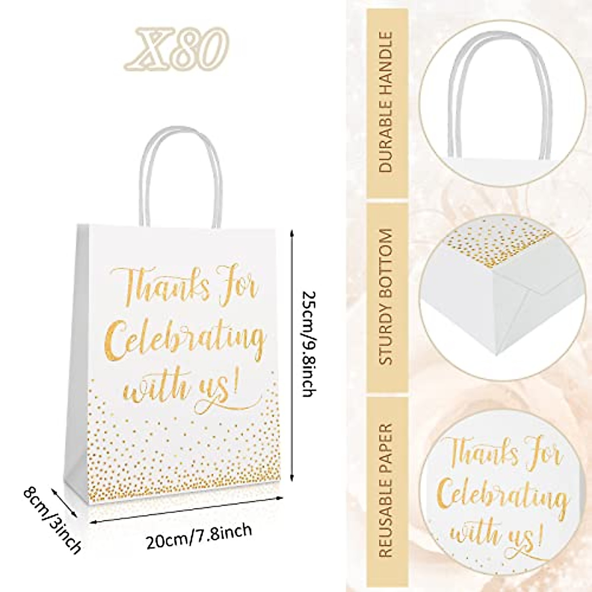 Queekay 80 Pcs Gold Wedding Welcome Bags for Hotel Guests Bulk Thanks for Celebrating with Us Paper Bags Gold Foil Kraft Paper Bags with Handles for Wedding, Baby Shower, Birthday (10 x 8 x 3 Inch)