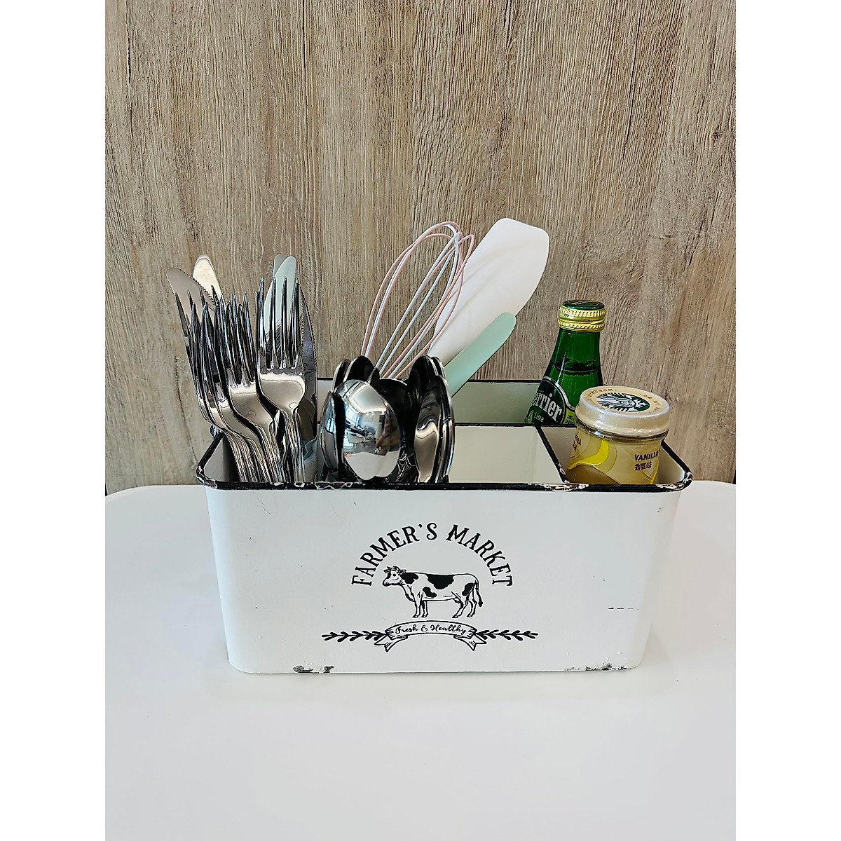 Distressed White, Portable Versatile Metal Storage Caddy Organizer with 6 Compartments & Handle - Perfect for Organizing Kitchen Utensils, Office Supplies, Bathroom Essentials & Bedroom Knick-Knacks