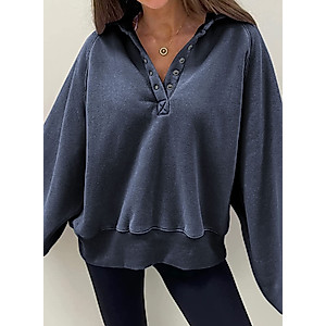 Dokotoo Womens Sweatshirts Winter 2023 Fall Tops Long Sleeve Lantern Sleeve Sweatshirts for Women Button Collar Crewneck Oversized Loose Fleece Pullovers Basic Casual Shirts Navy Blue XX-Large