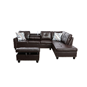 VURAX 3-Piece Faux Leather Sectional Sofas with Left Chaise Longue and Storage Ottoman, Button Tufted Upholstered Couch Set, for Living Room, Home, Office, 97inch, Dark Brown 1