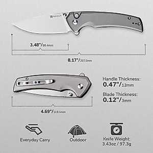 SENCUT Button Lock Pocket Knife for EDC, Serene Folding Knife, Thumb Stud & Flipper Opener, Aluminum Handle with 3.48" D2 Black Stonewashed Blade for Outdoor, Camping, Hunting S21022B-3 (Gray)