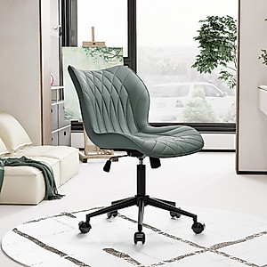 YOUNUOKE Armless Desk Chair Comfy Office Chair with Wheels Home Ergonomic Task Chair Adjustable Computer Chairs Modern Faux Leather Swivel Chair Upholstered Makeup Vanity Chair(Grayish Green)