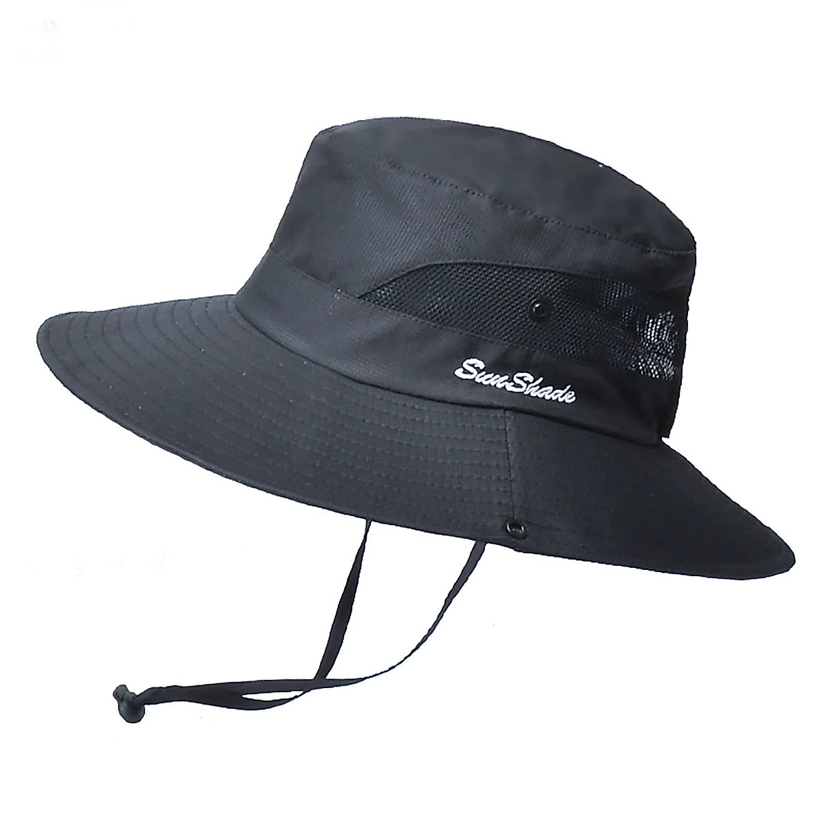 HSELL Womens UV Protection Wide Brim Sun Hats Cooling Mesh Ponytail Hole Cap Foldable Travel Outdoor Fishing Hat (Black)