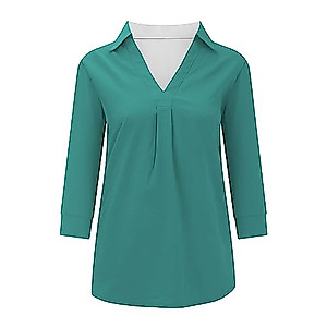 Trendy Tops for Women 2023 V-Neck Stripes Color Block Casual Lapel Tshirts 3/4 Length Sleeve Solid Loose Fit Blouse