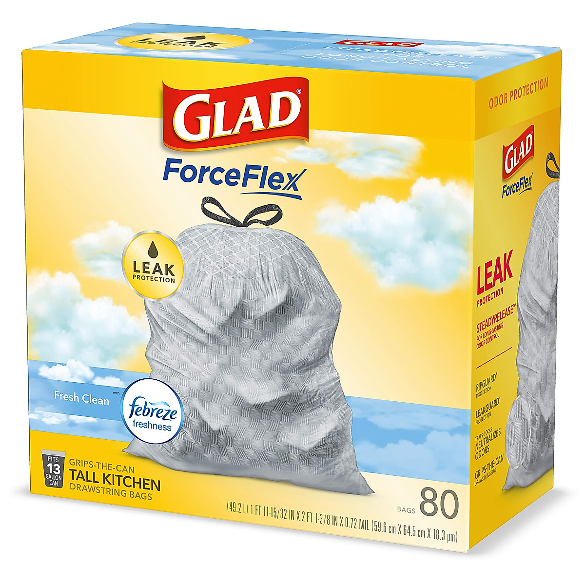 GLAD ForceFlex Tall Drawstring Trash Bags, 13 Gallon Grey Trash Bags for Tall Kitchen Trash Can, Fresh Clean with Febreze Freshness to Eliminate Odors, 80 Count - Packaging May Vary