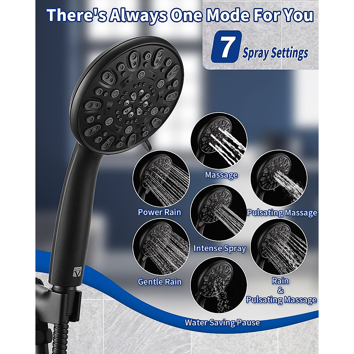 High Pressure Handheld Shower Head VMASSTONE 7-Spray Setting Showerhead Kit with 59" Stainless Steel Hose and Adjustable Mount for Showering Enjoyment Even at Low Water Flow (HM-002 Matte Black)