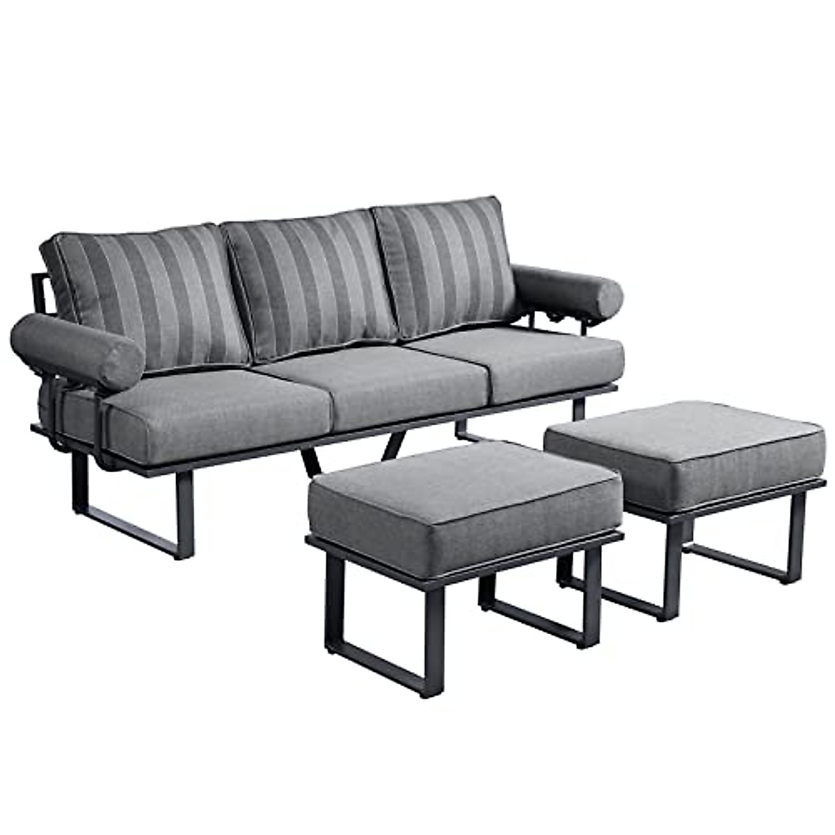 ovios Aluminum Patio Furniture Set 7 PCS All-Weather Outdoor Conversation Set Modern Metal High Back Aluminum Patio Sofa with Table and Thick Cushions (Black-Grey Stripe)