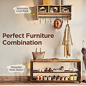 Rolanstar Shoe Bench, 3-Tier Shoe Rack, 39.4” Storage Entry Bench with Mesh Shelves Wood Seat, Rustic Foyer Bench for Hallway Front Door, Doorway, Living Room, Mudroom, Steel Frame, Rustic Brown