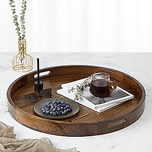 KINGCRAFT 24 x 24 inches Large Round Ottoman Table Tray Wooden Solid Circle Serving Tray with Handle Black Walnut Platter Decorative Tray for Oversized Ottoman Home Breakfast in Bed Tea Coffee