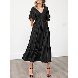 LILLUSORY Black Maxi Dresses for Women Summer Long Trendy Casual Flowy Funeral Short Flutter Sleeve Dress with Pockets