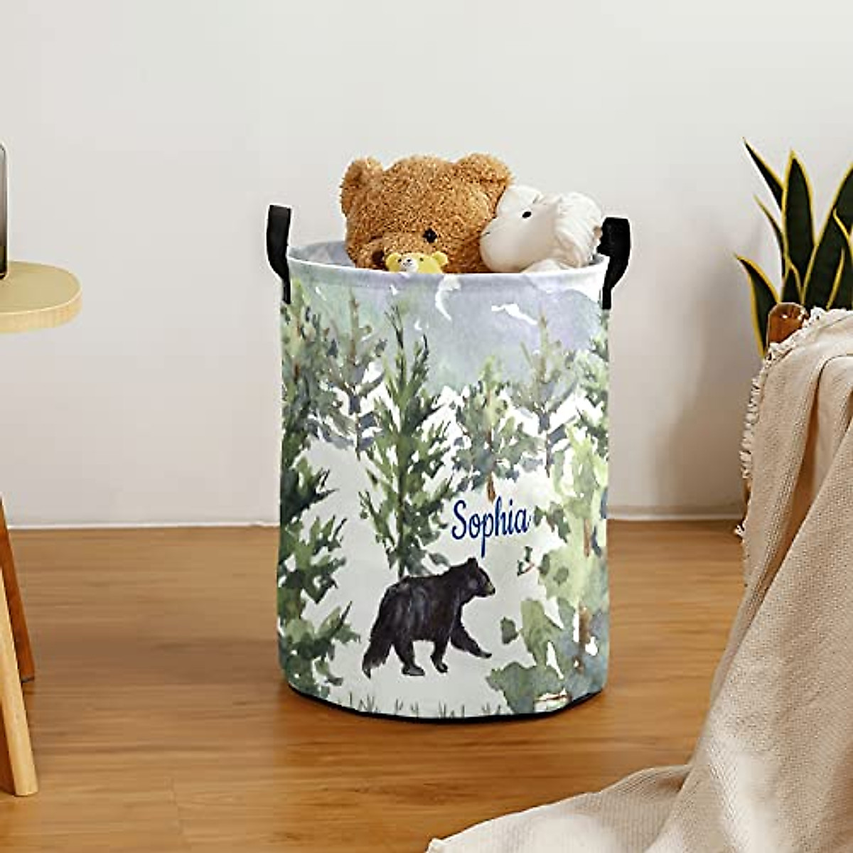 Laundry Basket Forest Bear Custom Name Laundry Bag Hamper Collapsible Oxford Cloth Home Storage Bin with Handles