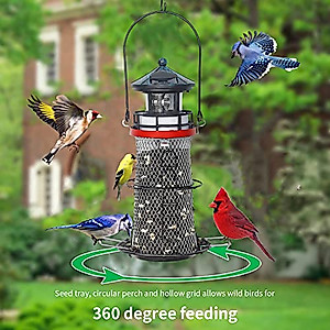HSHD Solar Lighthouse Bird Feeder with Rotating Beacon Lamp - 14" Hanging Mesh Wild Bird Feeders for Outdoor Garden Patio Lawn Decor (Retro)