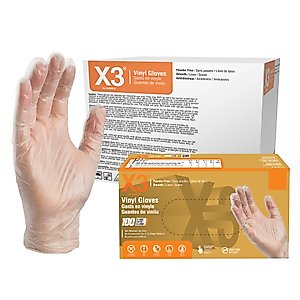 X3 Clear Vinyl Disposable Industrial Gloves, 3 Mil, Latex & Powder-Free, Food-Safe, Non-Sterile, Smooth, Small, Case of 1000