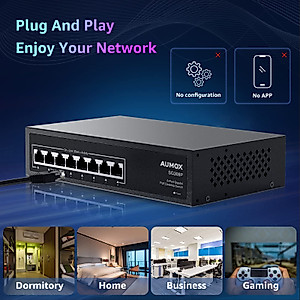 Aumox 8 Port Gigabit PoE Switch, 8 Port PoE 120W, Gigabit Ethernet Unmanaged Network Switch, Plug and Play, Sturdy Metal Housing, Traffic Optimization