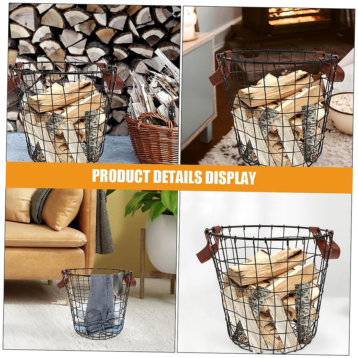 ANDRESLAD Firewood Storage Basket Laundry Basket Metal Hamper Farmhouse Organizer Bin Small Round Basket Black Blanket Basket Wire Basket for Blankets Wood Storage Racks Wire Trash Can Iron