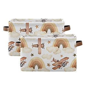 susiyo Large Foldable Storage Bin Airplane Rainbow Fabric Storage Baskets Collapsible Decorative Baskets Organizing Basket Bin with PU Handles for Shelves Home Closet Bedroom Living Room-2Pack