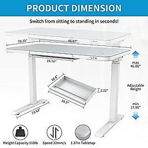 ERGOMORE Glass Standing Desk with Wireless Charging, 45x23 Inch Dual Motor Height Adjustable Desk with Drawer, Touch Control, 3 Memory Presets, Power Strip and USB Ports for Home and Office (White)