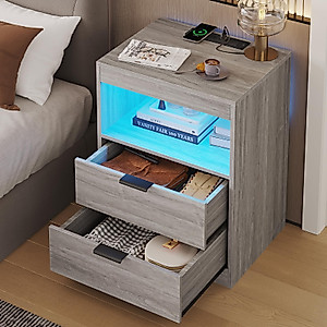 ADORNEVE Nightstand with Wireless Charging Station and LED Lights, Grey Night Stand with 2 Drawers and Open Storage for Bedroom, Bedside Table with Pull-Out Shelf, Modern End Side Table