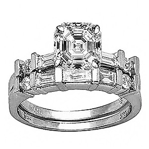 Platinum 3.75 Carat LAB GROWN IGI CERTIFIED DIAMOND Channel Set Baguette And Round Asscher Cut Diamond Engagement Ring Bridal Wedding Set (H-I Color VS1-VS2 Clarity 3 Ct Center)