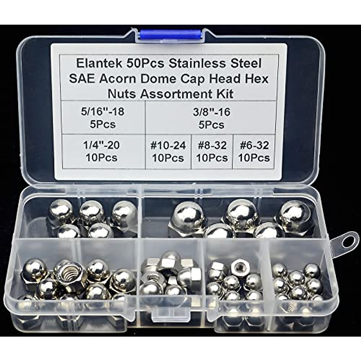 Elantek #6-32#8-32#10-24 1/4-20 5/16-18 3/8-16 SAE 304-Stainless Steel Acorn Dome Cap Head Hex Nuts Assortment Kit