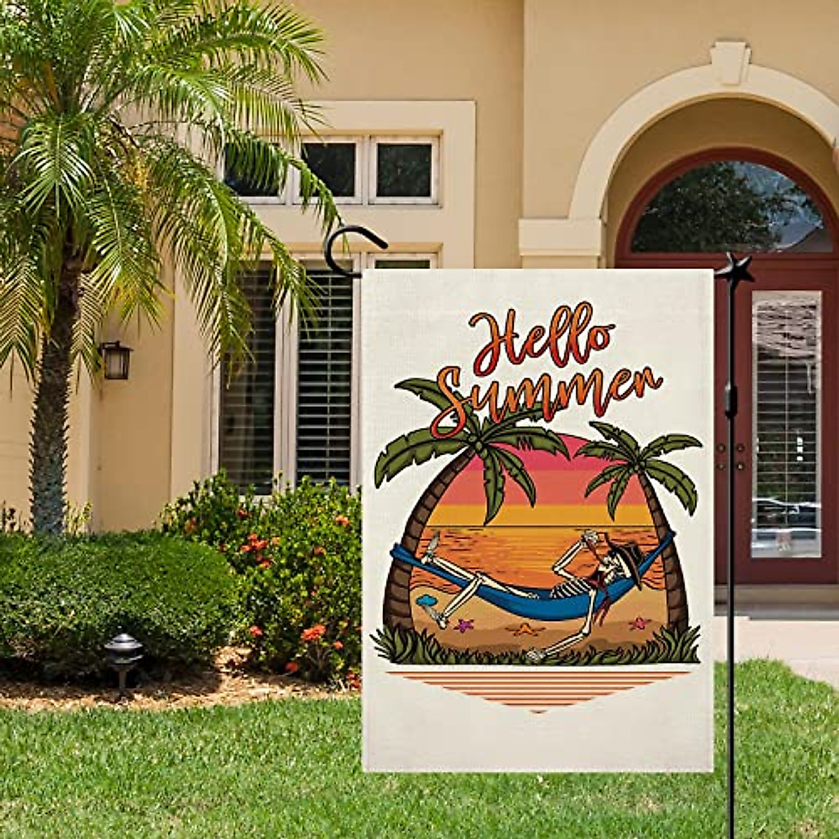 CMEGKE Hello Summer Garden Flag Cool Skull Skeleton Summer Yard Flag Pool Signs Summer Garden Flag Beach Party Vertical Double Sided Burlap Party Holiday Yard Home Farmhouse Outside Decor 12.5 x 18 In