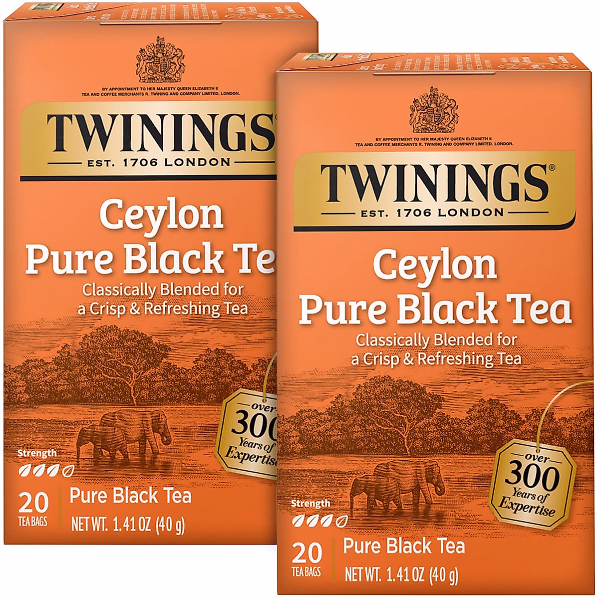 Twinings Ceylon Pure Black Tea - A Crisp, Refreshing Black Tea, Formerly Orange Pekoe, Caffeinated Tea Bags, Individually Wrapped, 20 Count (Pack of 2)