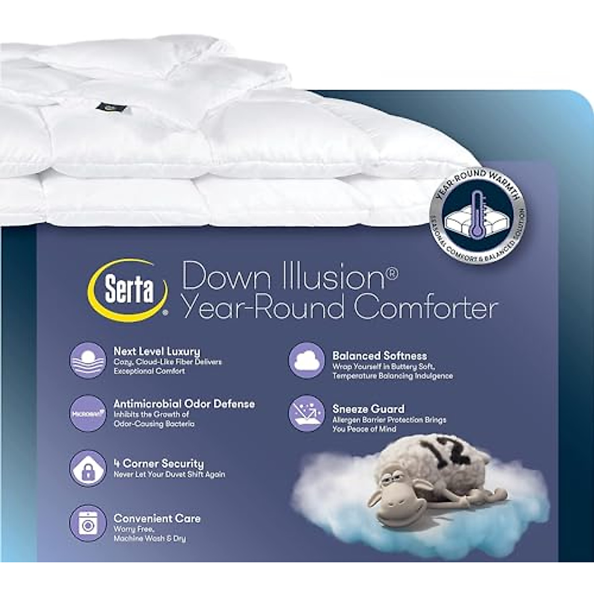 SERTA Down Illusion All Season Hypoallergenic Down Alternative Comforter with Corner Loops, Twin/Twin XL, White