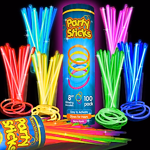 PartySticks Glow Sticks Party Supplies 100pk - 8 Inch Glow in the Dark Light Up Sticks Party Favors, Glow Party Decorations, Neon Party Glow Necklaces and Glow Bracelets with Connectors