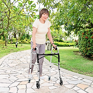 GYMAX Walkers for Seniors, 2-Button Folding Walker with 5” Lockable Wheels, Padded Seat & Trigger Release, 350lbs Height Adjustable Standard Walker, Foldable Rolling Adult Walker