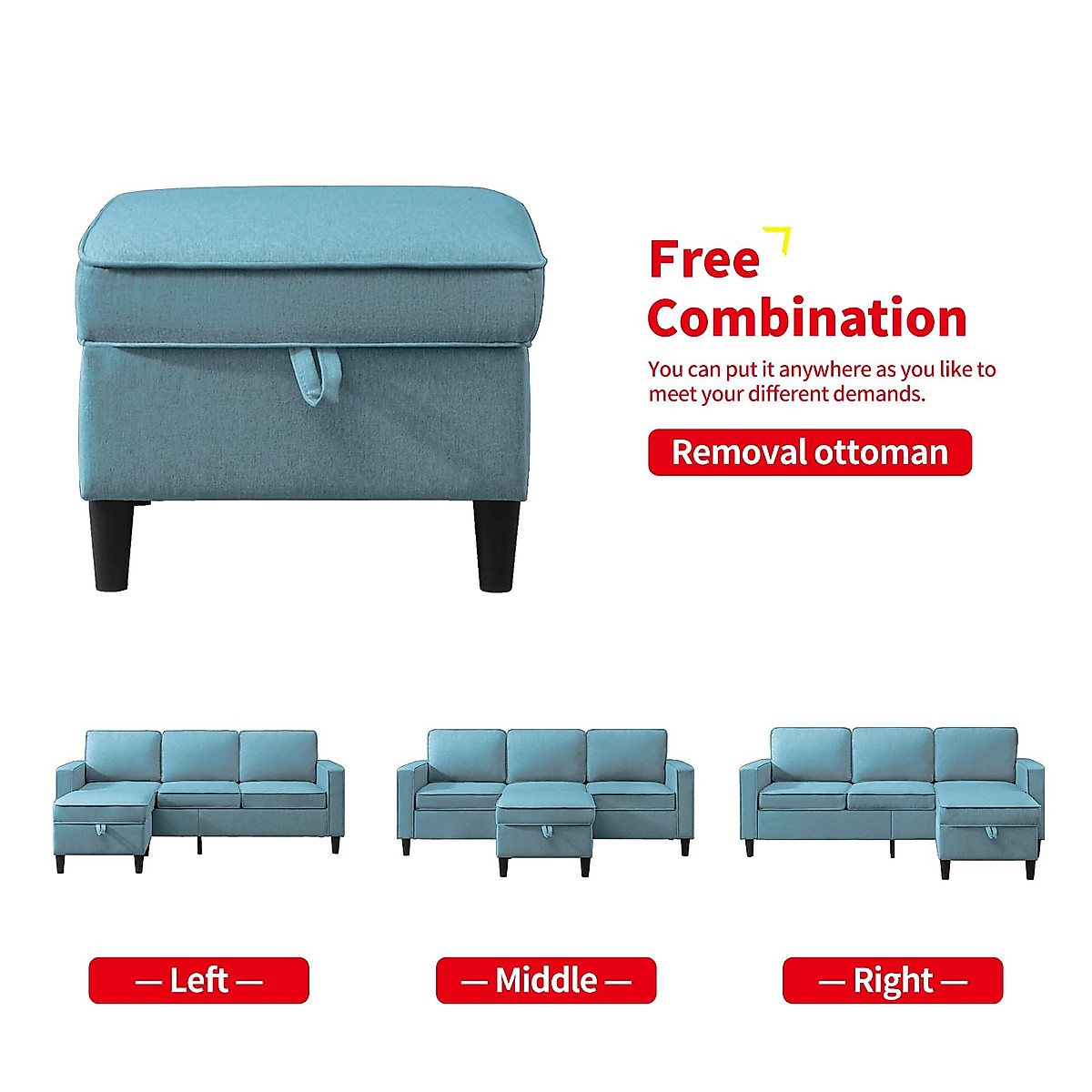 PUREMIND 78 Inches Convertible Sectional Sofa, Linen L-Shaped Sofa Couch with Reversible Storage Ottoman, Wooden Legs, 3-Seat Sectional Couches for Small Space, Apartment, Office (Blue)…