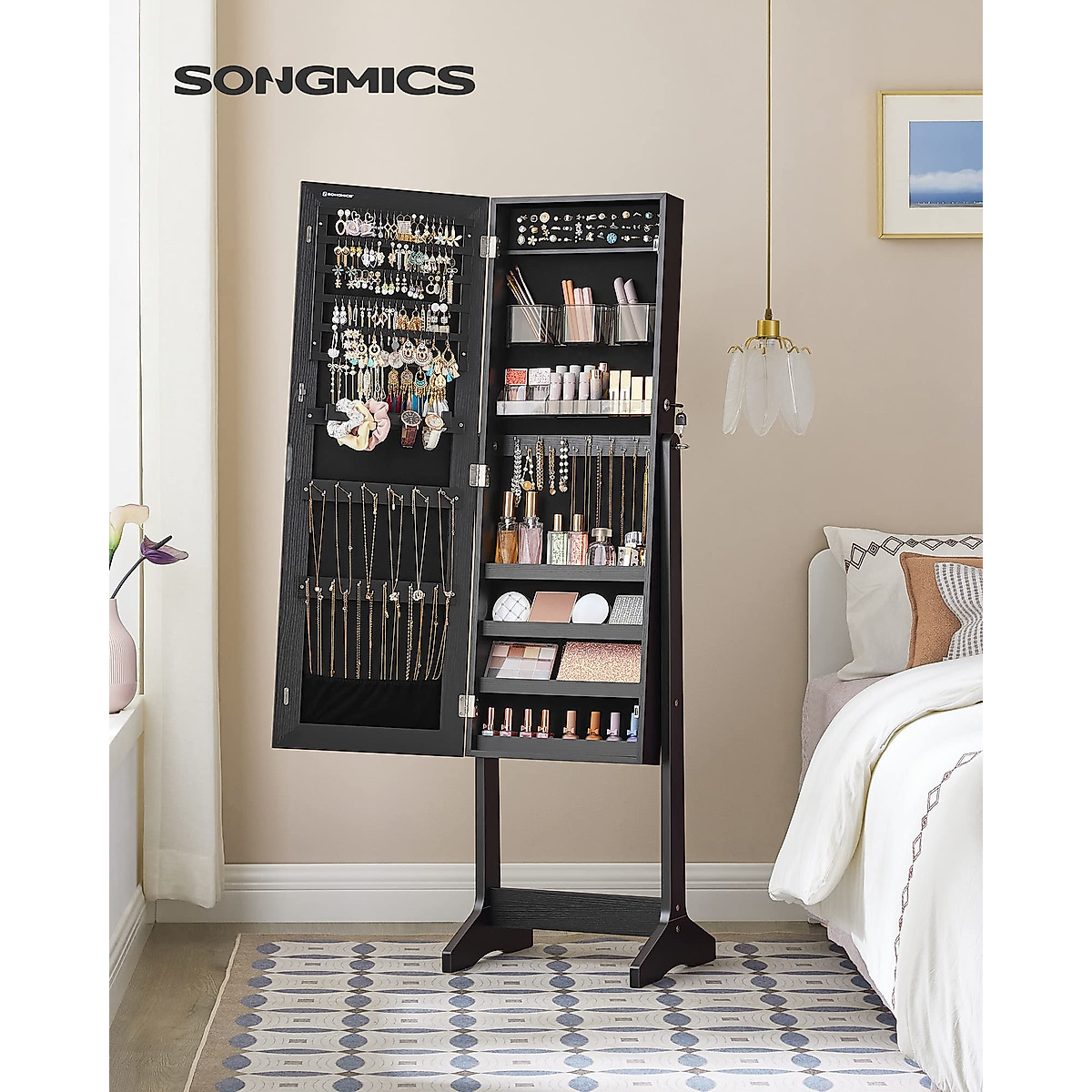 SONGMICS Jewelry Cabinet Armoire, Freestanding Lockable Storage Organizer Unit with 2 Plastic Cosmetic Storage, Full-Length Frameless Mirror, for Necklace Earring, Black UJJC002B01