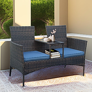 Outdoor Patio Rattan Loveseat with Cushions and Integrated Coffee Table - Weather Resistant 2 Seat Perfect for Garden, Lawn, and Backyard Leisure (Brown Rattan,Dark Blue Cushion)