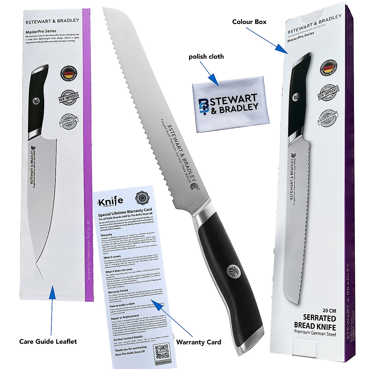 STEWART & BRADLEY 8Inch Serrated Bread Knife. MasterPro Series Full Tang, Razor Sharp, Ultra Fine Highly Tempered German Steel 4028, Forged to 1400 degrees, Precision Diamond Sharpened bread knife