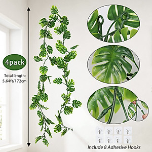 RECUTMS 4Pcs Artificial Monstera Leaves Vines, 5.9FT Fake Hanging Plant Ivy Faux Tropical Palm Leaf Greenery Garland for Garden Porch Patio Jungle Luau Beach Birthday Party Indoor Outdoor Spring Décor