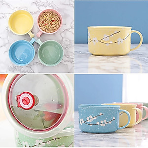 GQHNLUP 4 Pack 30oz Ceramic Bowl with Lid and Handle,Cherry Blossoms Among Snow Flake Pattern,Floral Handpainted Stoneware Bowl for Microwave Dishwasher