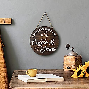 Coffee Bar Sign Coffee Decor Coffee Wooden Sign Hanging Coffee Decor Coffee Sign Plaque for Farmhouse coffee bar Kitchen Accessories Coffee Lover (Rustic Good Days Start with Coffee & Jesus)