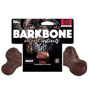 Pet Qwerks Dinosaur BarkBone - Nylon Dog Bone for Aggressive Chewers - Steak Flavor - 11"