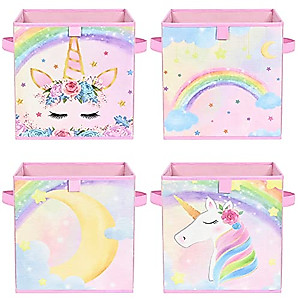 Cube Storage Bins - 4 Pack Fabric Foldable Storage Cube Organizer for Kids Decorative Storage Baskets with Handles 11" x 11" Home Closet Nursery Room Bedroom (Unicorn)