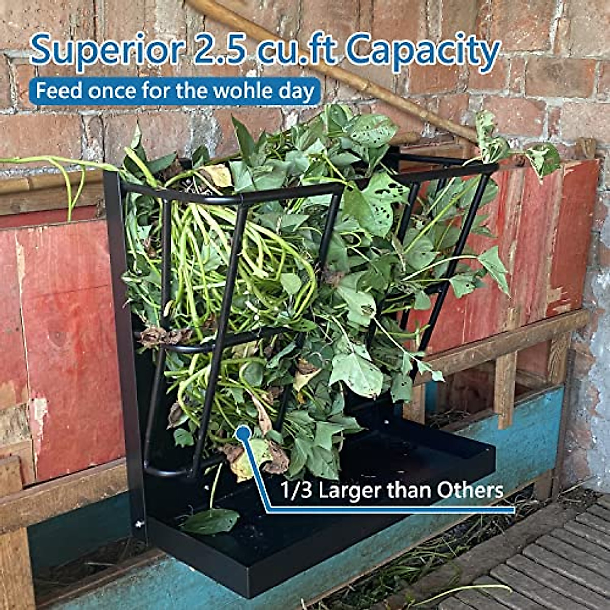 QVQE Hay Feeder Goat, 18 Gallon Multiple Sided Goat Hay Rack, Heavy Duty Iron Wall Hay Rack for Sheep with Detachable Grain Tray, Effortless Installation in Farm, Yield… (2 in 1)