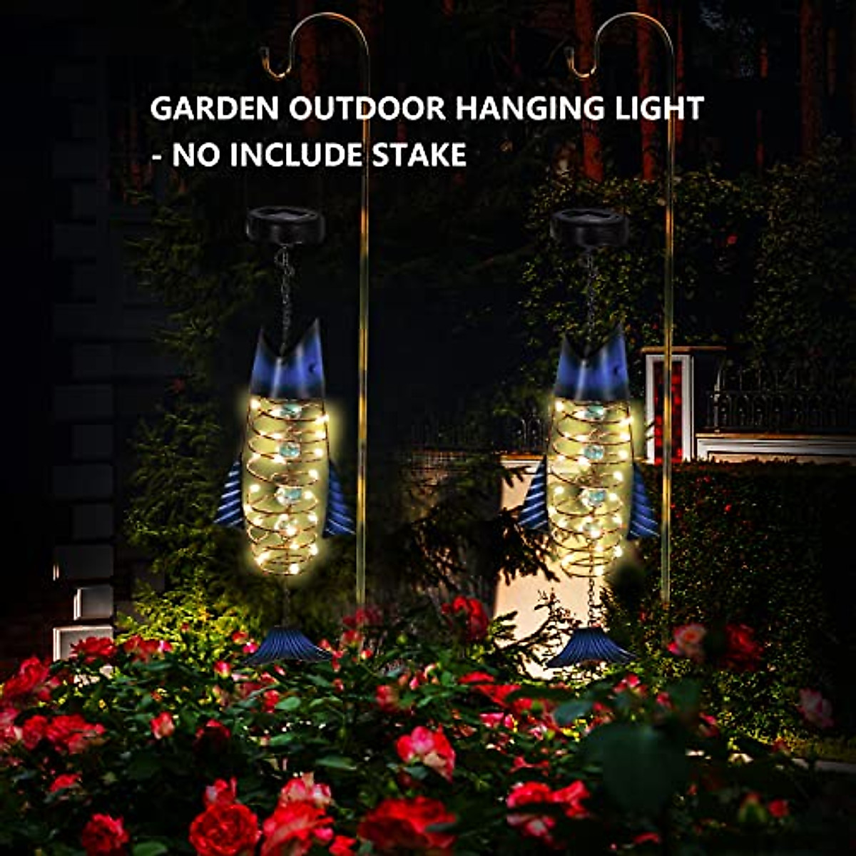 Outdoor Lights for Patio Garden Decor - Metal Solar Fish Hanging Decoration - Solar Lamp Decorative Yard Art - Pretty Nice Lantern for Man Woman Holiday Gift Ideas | Waterproof Warm LED Lighting