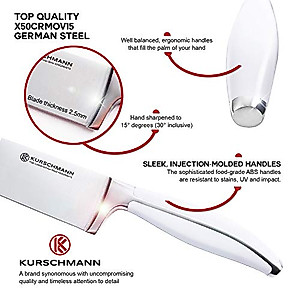 Kurschmann 15-Piece Knife Set CLEARANCE in Upright Acacia Block, White Handles with Stainless Steel Chef's Knife, 6 Steak Knives + Santoku, Bread, Carving, Paring, & Utility Knife + Scissors & Rod