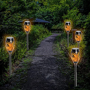 GLOWDAWN Solar Lights LED Flickering Flame Solar Torches Lights Waterproof Outdoor Lighting Solar Powered Pathway Lights Landscape Decoration Lighting for Garden Pathway Party - Auto On/Off, 8Pack