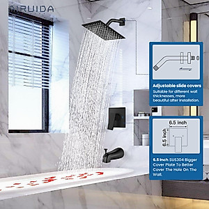Airuida Shower Faucet Set with Tub Spout Bathtub Faucet Kit Complete Tub Shower Trim Kit with Solid Brass Rough-in Valve and 8 Inch Square Rainfall Showerhead Bent Shower Arm Matte Black