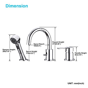 CREA Bathroom Faucet 3 Hole Bathtub Widespread Sink Faucets Chrome with Shower Diverter Pull Out Shower Head Roman Bathtub Waterfall Spout Filler Faucet for Baby Pet Dog Cat Bath Hair Washing
