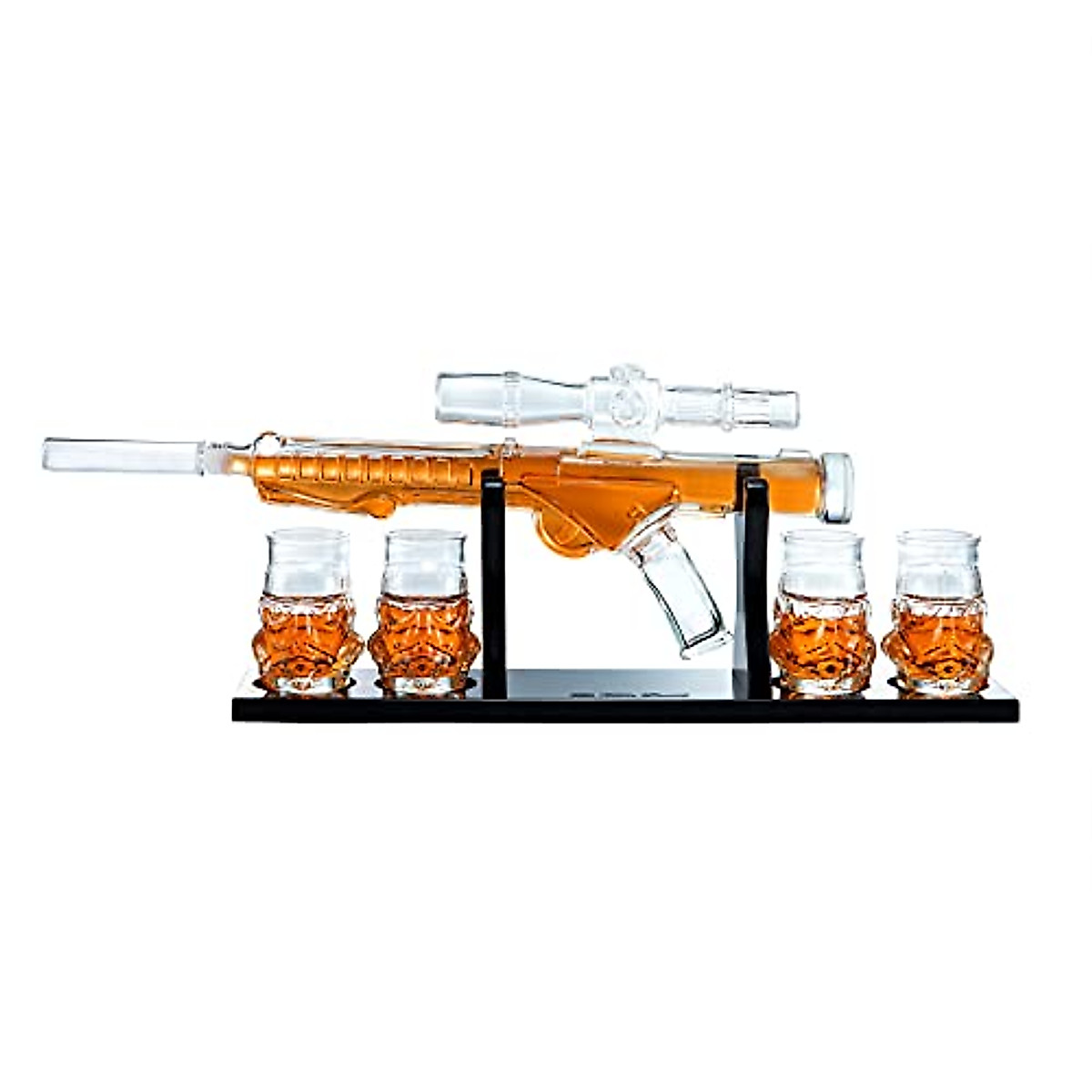 Blaster Force Gun Whiskey & Wine Decanter Set Glasses - Energized Particle Weaponry Elegant Decanter 24" - 4 Trooper Shot Glasses & Mahogany Wooden Base The Wine Savant (20 OZ) Gifts for Dad
