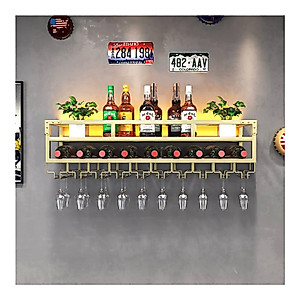 PENGFEI LED Wine Rack Wall Mounted, Industrial Metal Hanging Wine Bottle & Glass Holder, Large Floating Shelves Wine Bottle Organizer Goblet Rack for Home Bar Dining Room Decor