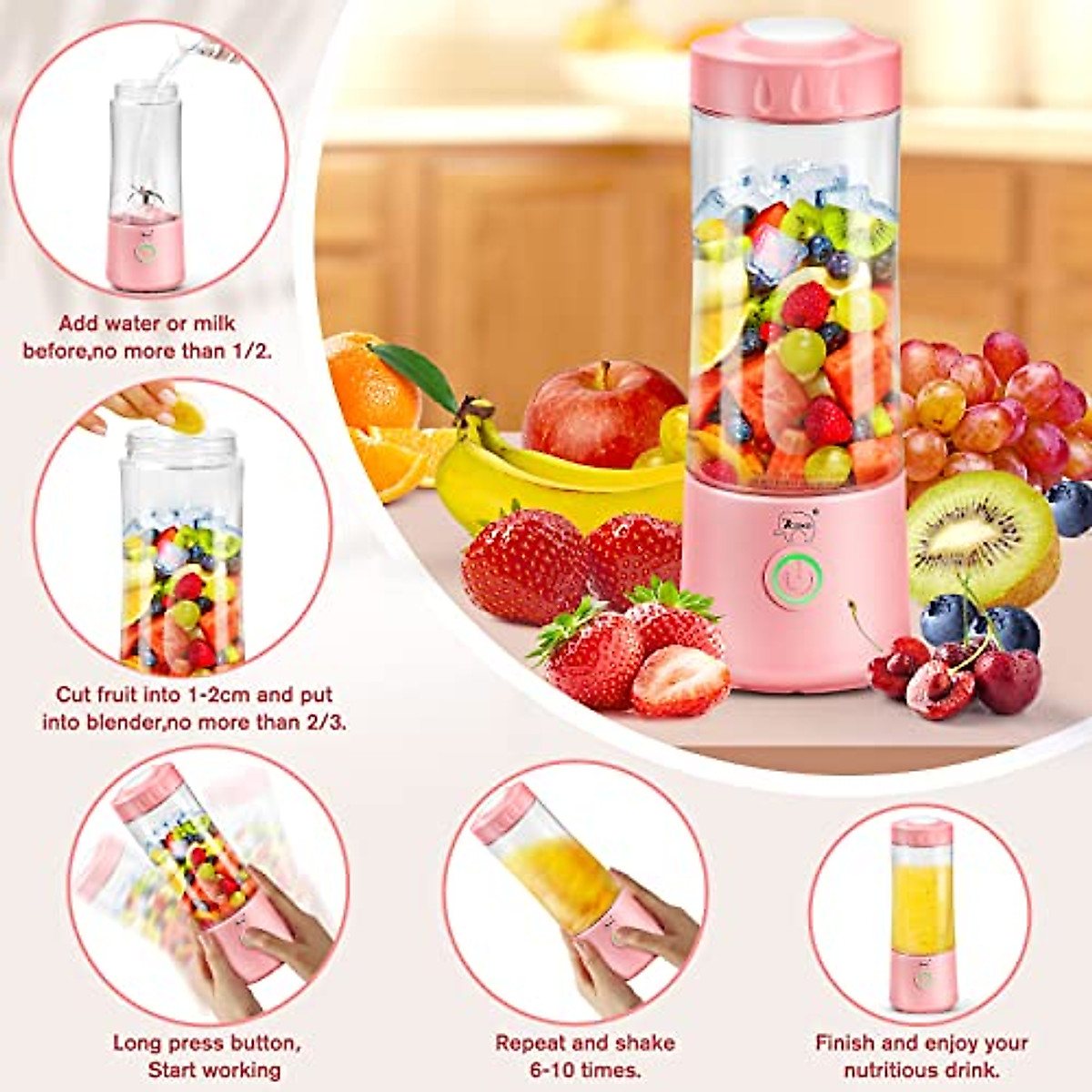 Portable Blender, Personal Blender for Shakes and Smoothies 13.5 Oz Blender Bottles with 6 Sharp Blades Hand-held Blender for Kitchen Gym Travel Office