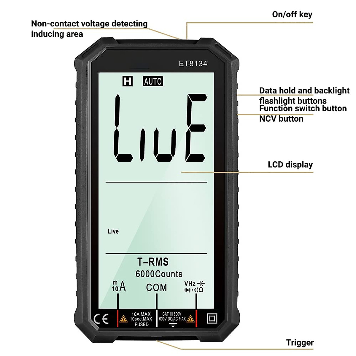 ET8134 Digital Multimeter Multi Function Voltage Current Meter 10A 600V LCD Display Automatic Multimeter with Alarm Function