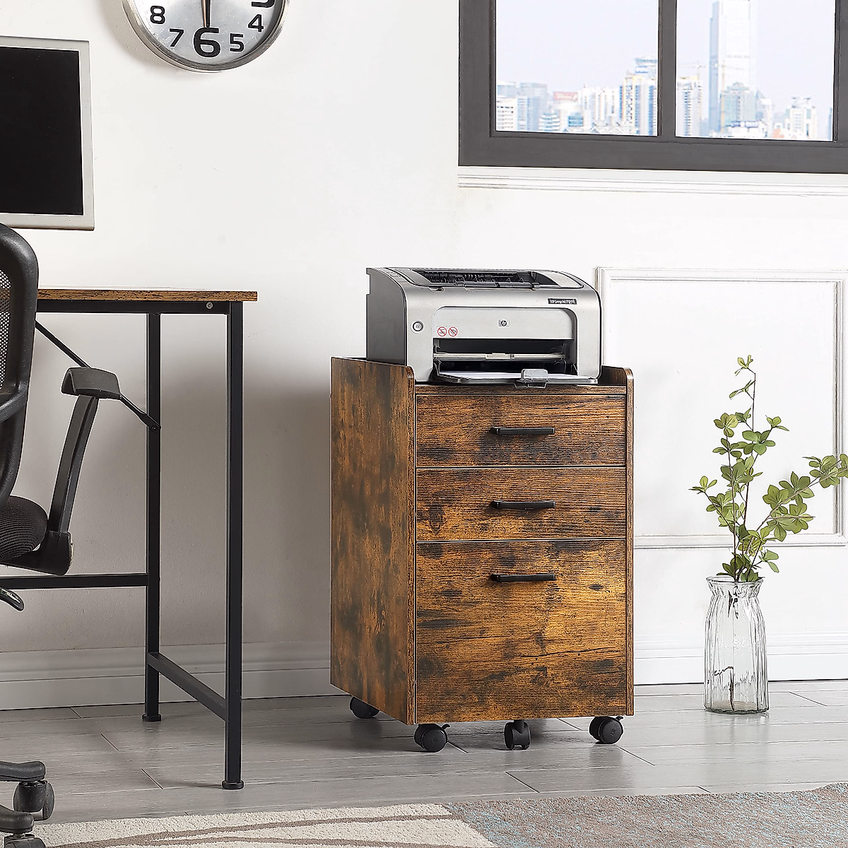 Kavonty File Cabinet, Mobile Office Cabinet with 2 Small Fabric Drawers and 1 Large Drawer,for A4, Letter Size, Hanging File Folders, Rustic Brown and Black