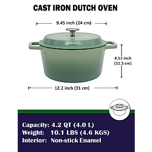 NWsystems 4.2 QT Cast Iron Dutch Oven, Non-stick and Enamel Interior, Multi-purpose Cooking & Baking, Suitable to All Kinds of Cooktops, Dishwasher Safe, the Gift for Family and Friends - Pine Green